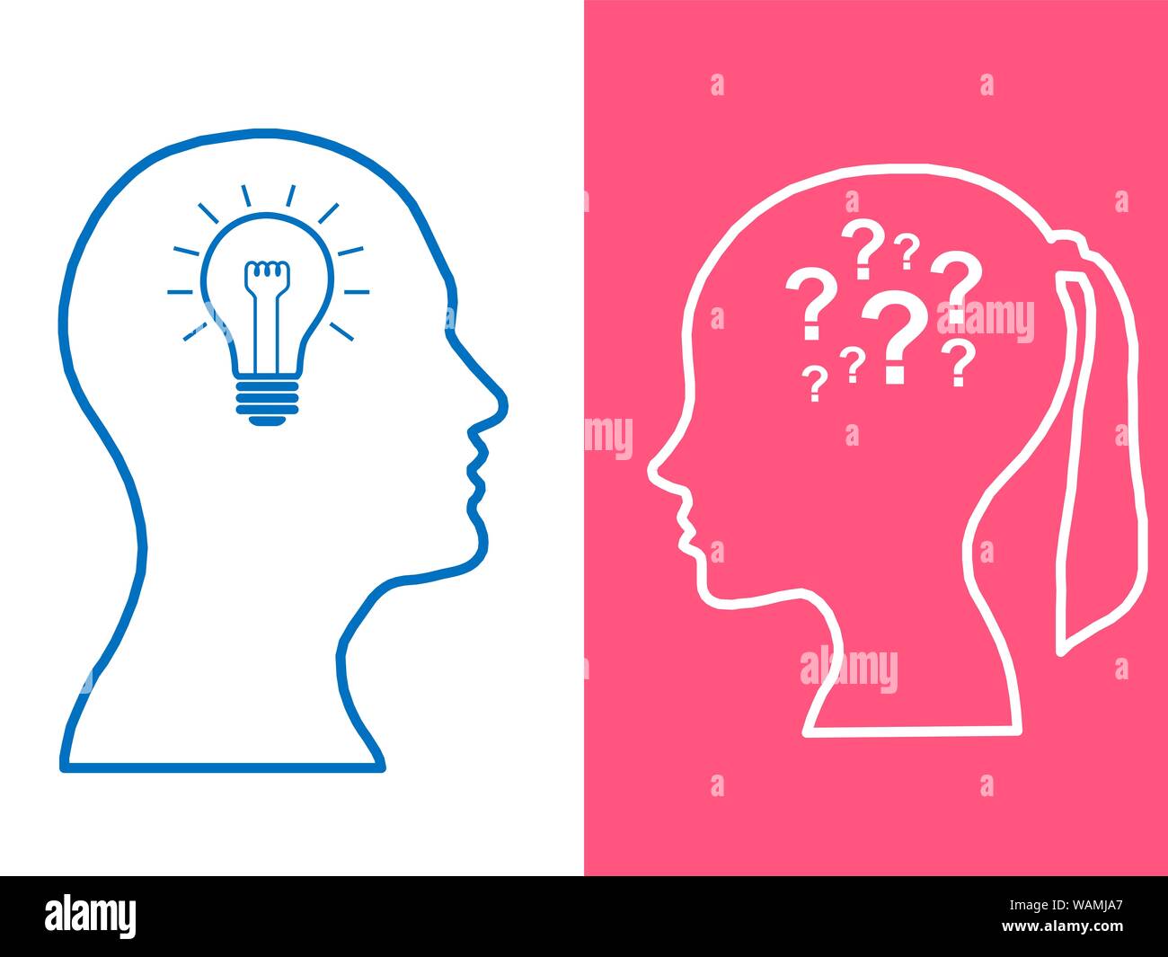 Heads of two people, woman and man, brainstorming concept gear question ... Heads of two people, woman and man, brainstorming concept gear question ...