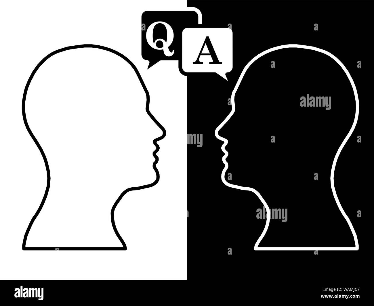 Heads of two people, brainstorming concept anwer question, process ...