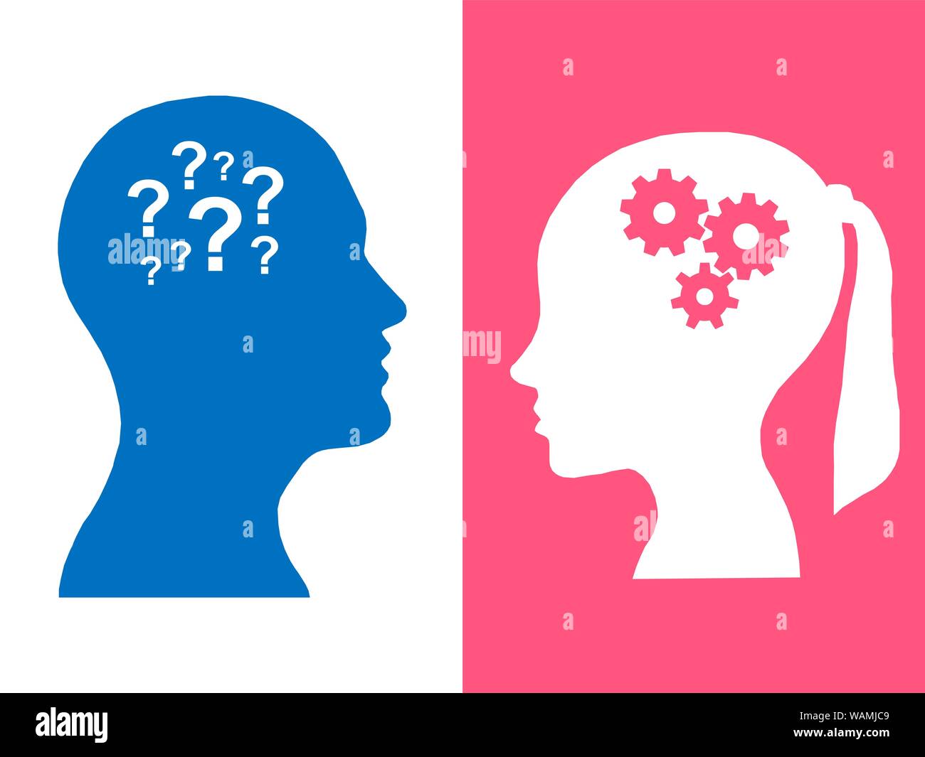 Heads of two people,brainstorming concept gear question, process human ...