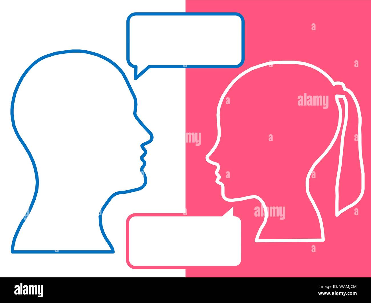 Heads of two people, woman and man, brainstorming concept for question ...