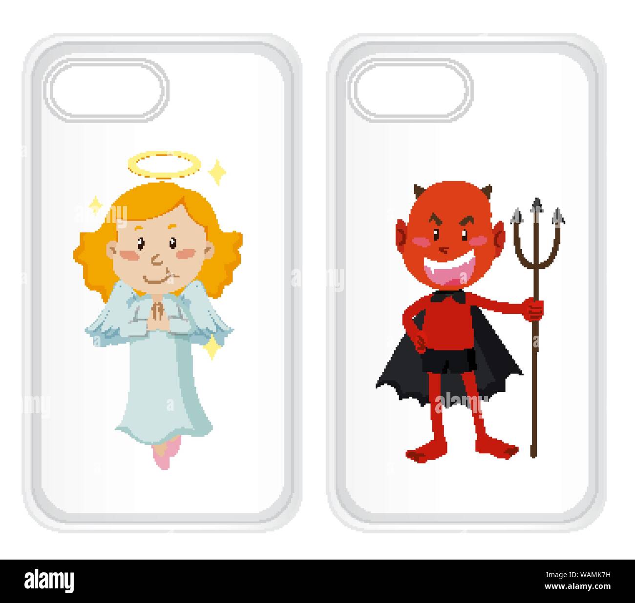 Graphic design on mobile phone case with angel and devil illustration ...