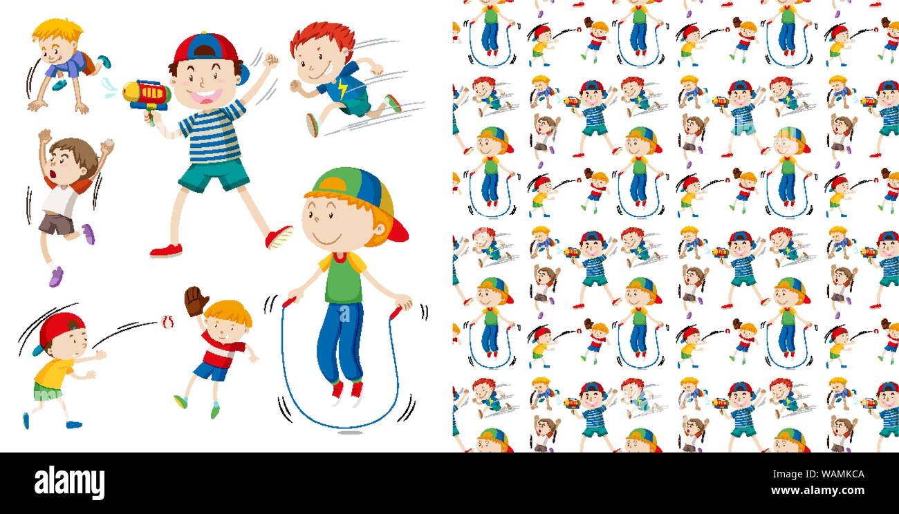 Seamless background design with isolated set of kids playing ...