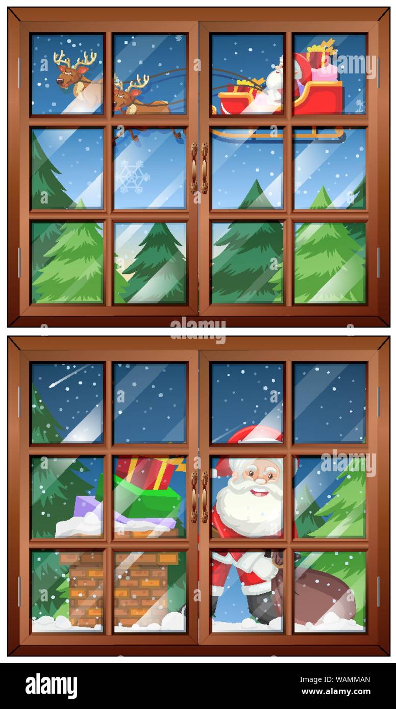 Window scenes with Santa and presents illustration Stock Vector Image ...