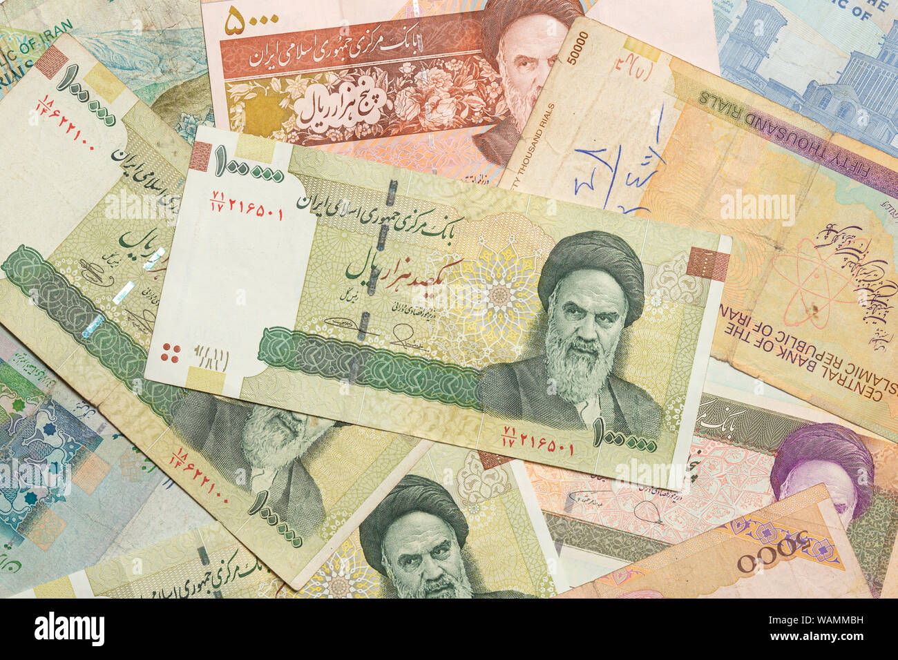 Iranian money depicting Ruhollah Khomeini and place for copy space ...