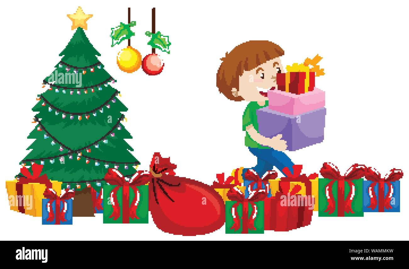 Boy with present boxes under christmas tree illustration Stock Vector ...