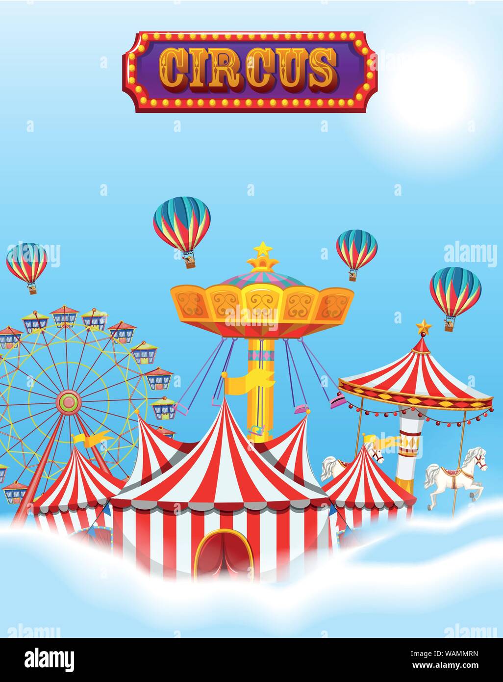 Circus in the clouds and sky with tent and rides illustration Stock ...