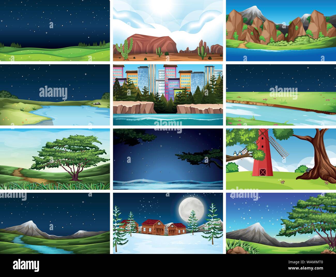 Diverse set of empty backgronds in nature day, night, city and rural ...
