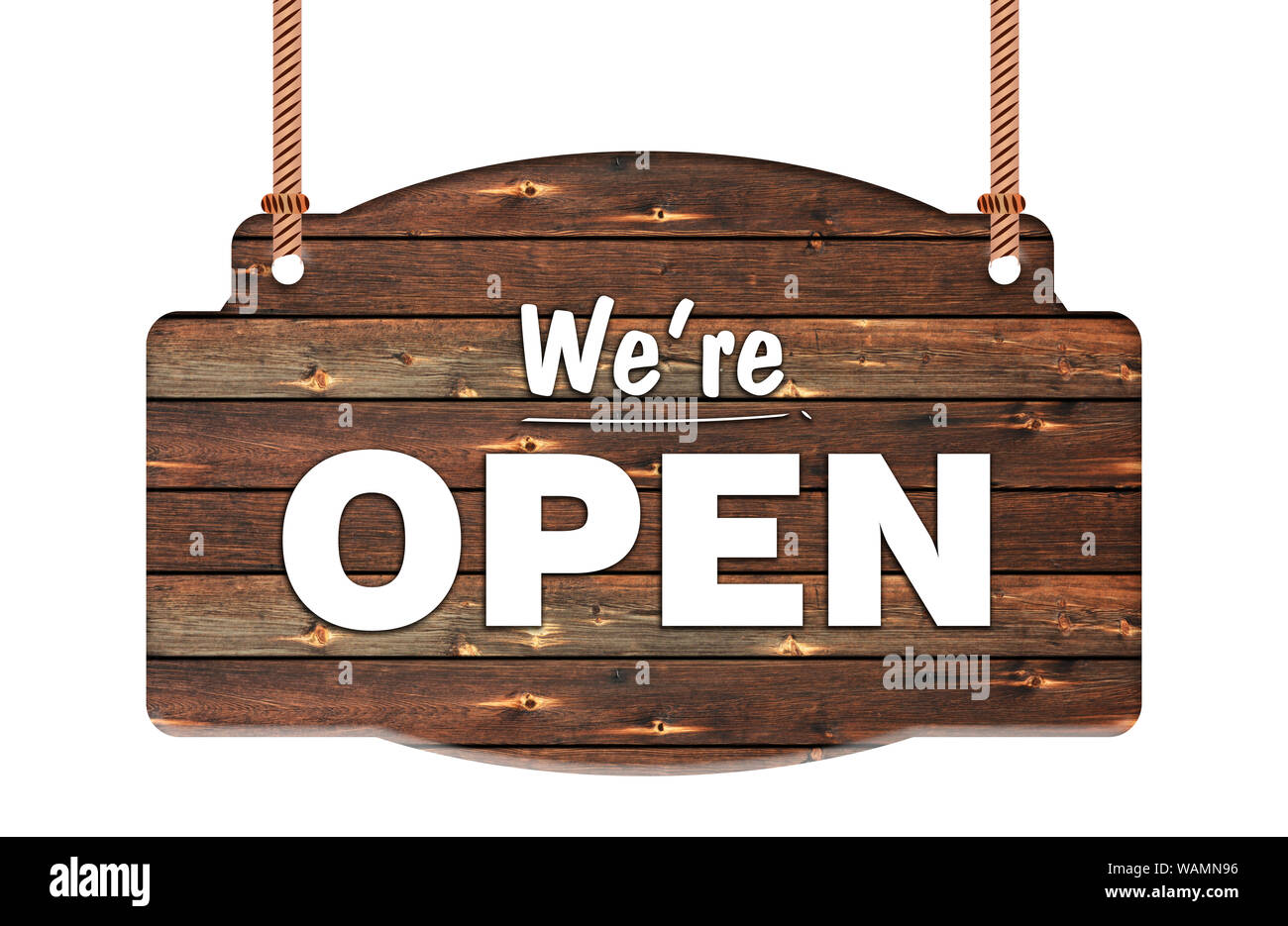 Text of we're open in Rope wooden hanging sign Stock Photo - Alamy