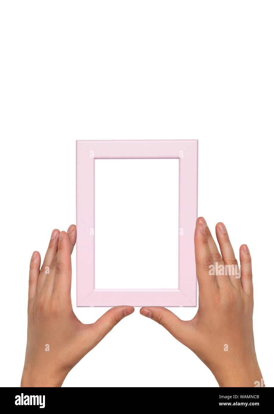 Pink photo frame in female hands. Empty pink frame template Stock Photo ...