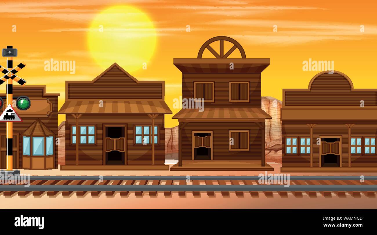 Wild west scene at sunset illustration Stock Vector Image & Art - Alamy