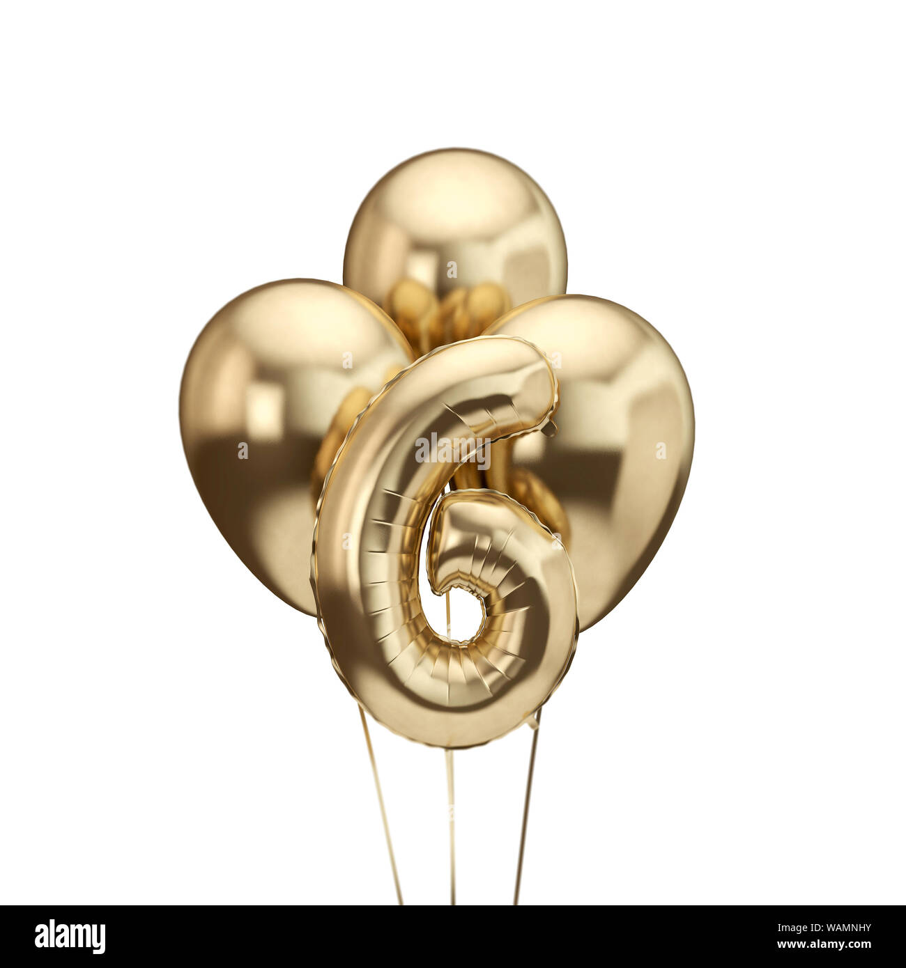 6th birthday gold foil bunch of balloons. Happy birthday. 3D Rendering ...
