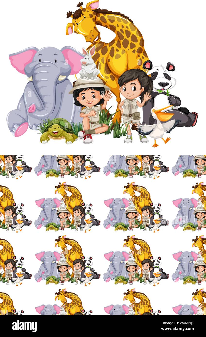 Seamless background design with kids and animals illustration Stock ...
