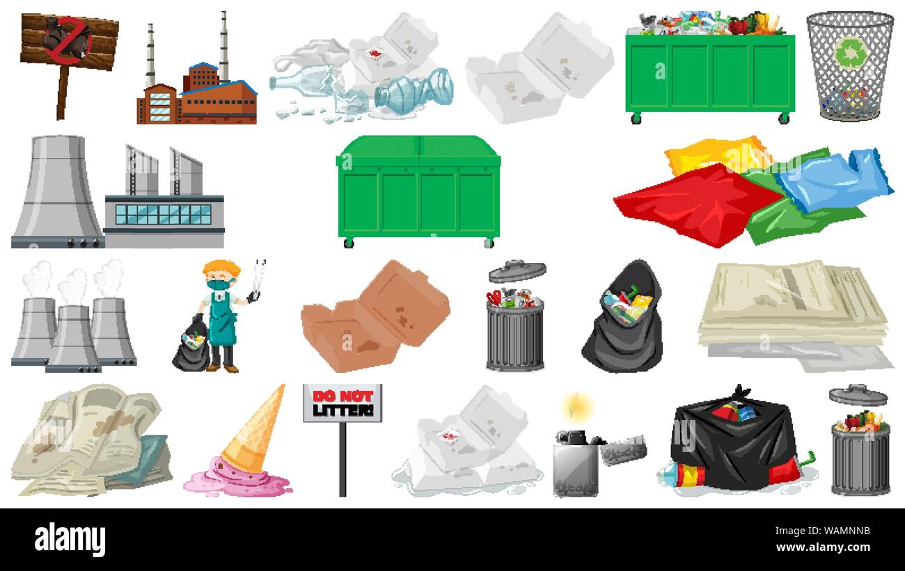 Pollution, litter, rubbish and trash objects isolated illustration ...
