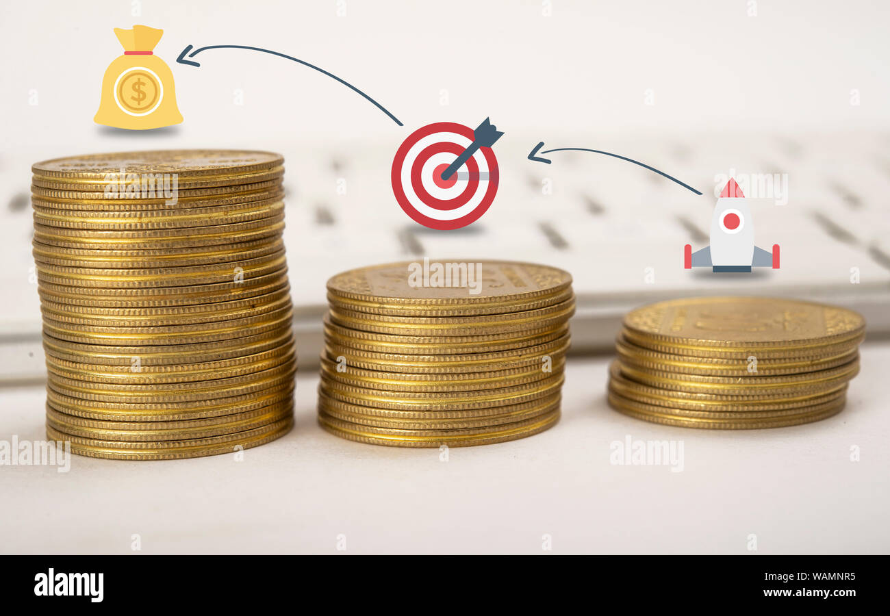 Growth icons on coin stack, future planning, business development ...
