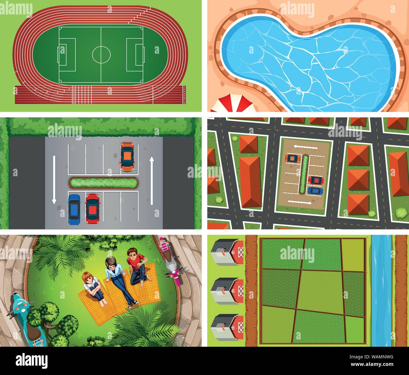 Set of top view aerial scenes in nature and outdoors illustration Stock ...