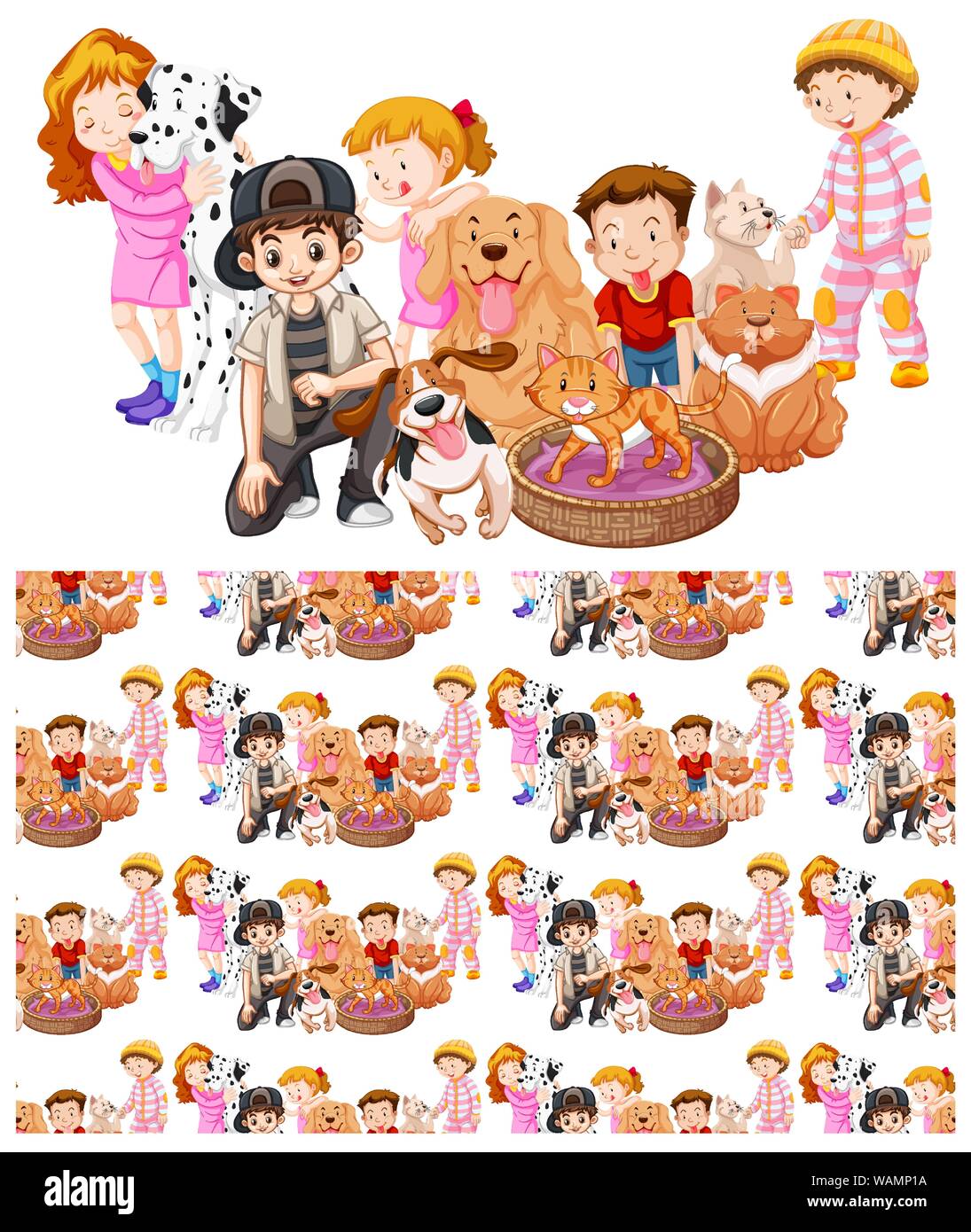 Seamless background design with kids and animals illustration Stock ...
