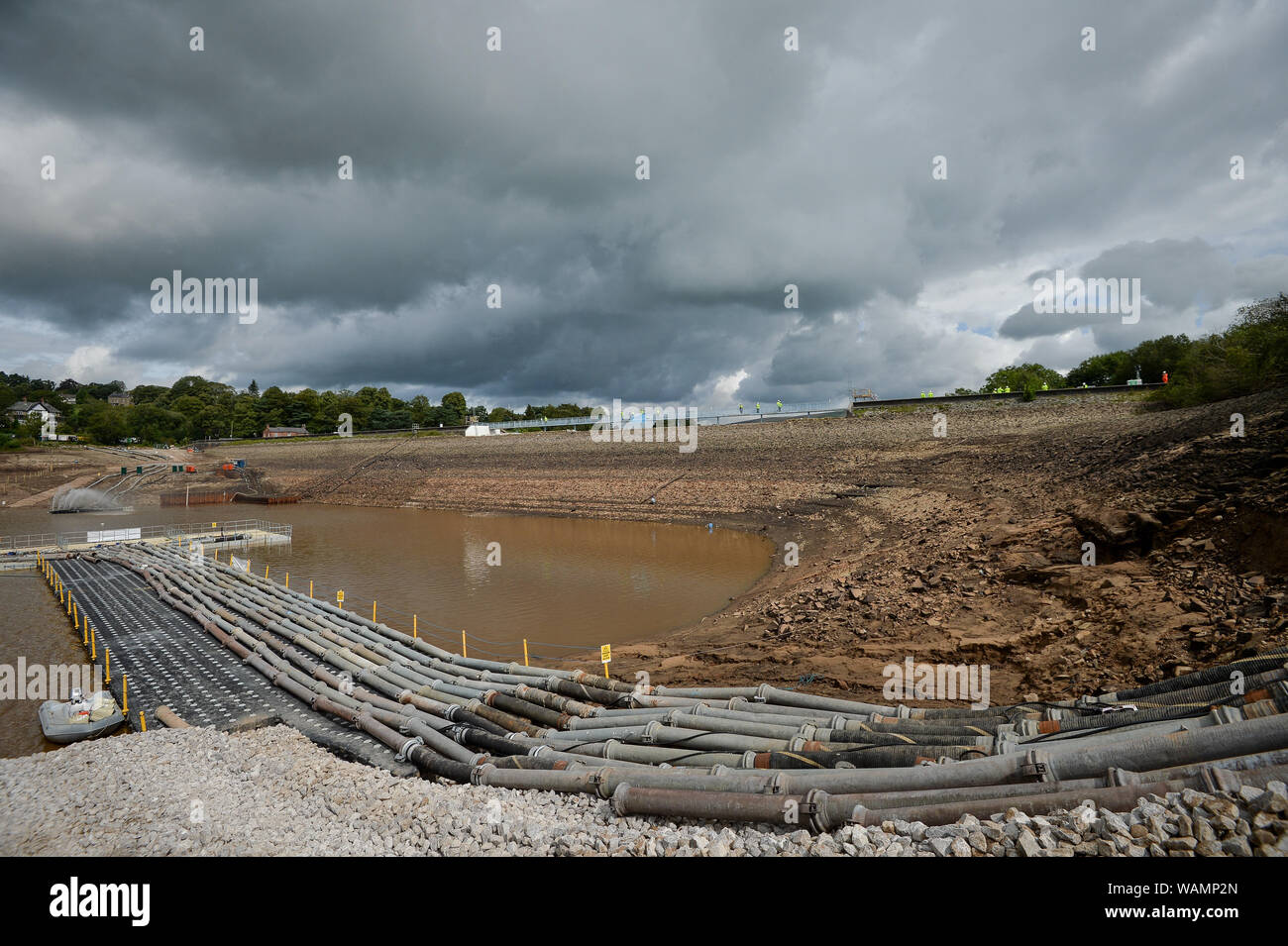 The drained Toddbrook reservoir as work continues to shore up the dam ...