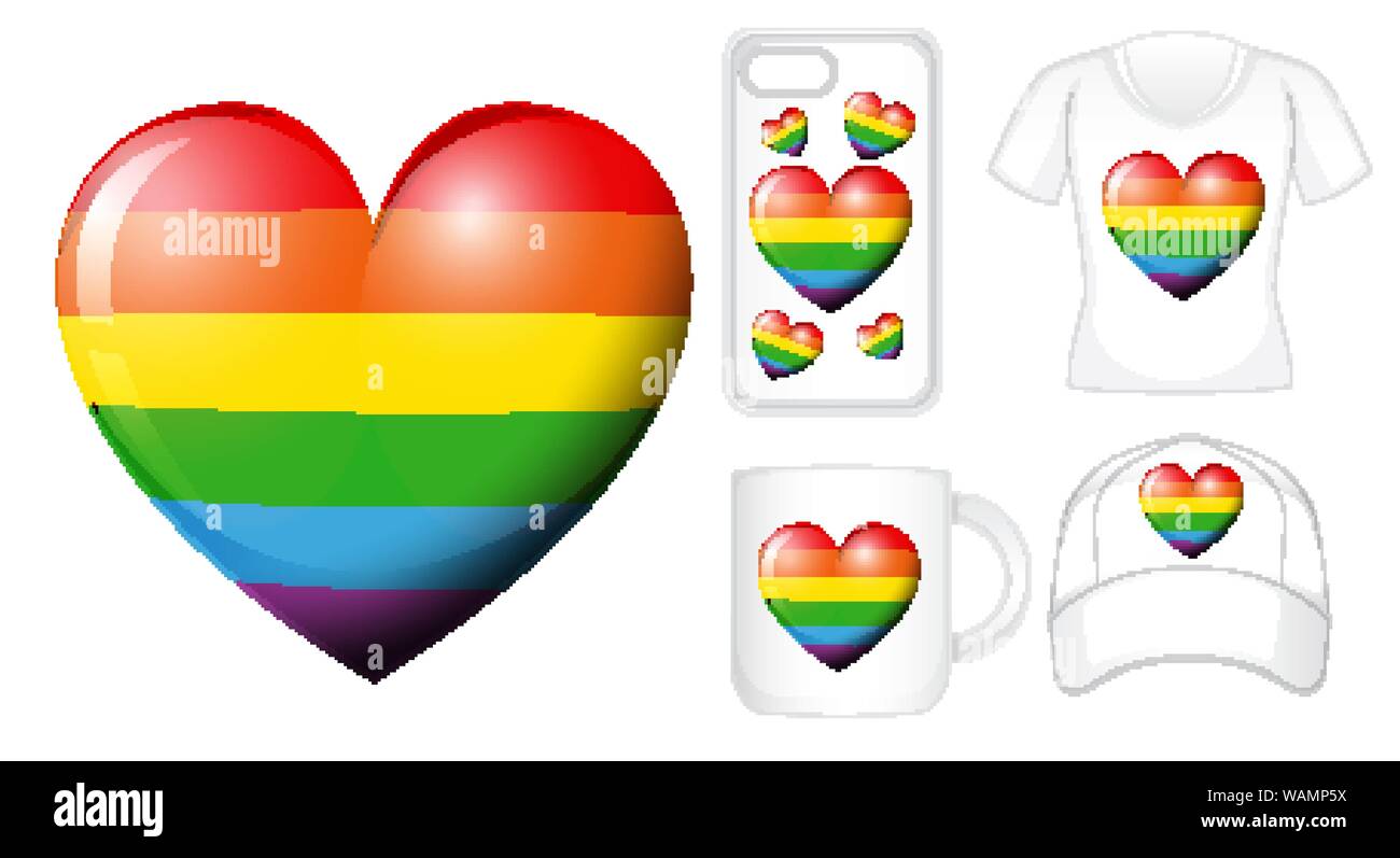 Graphic design on different products with rainbow heart illustration ...