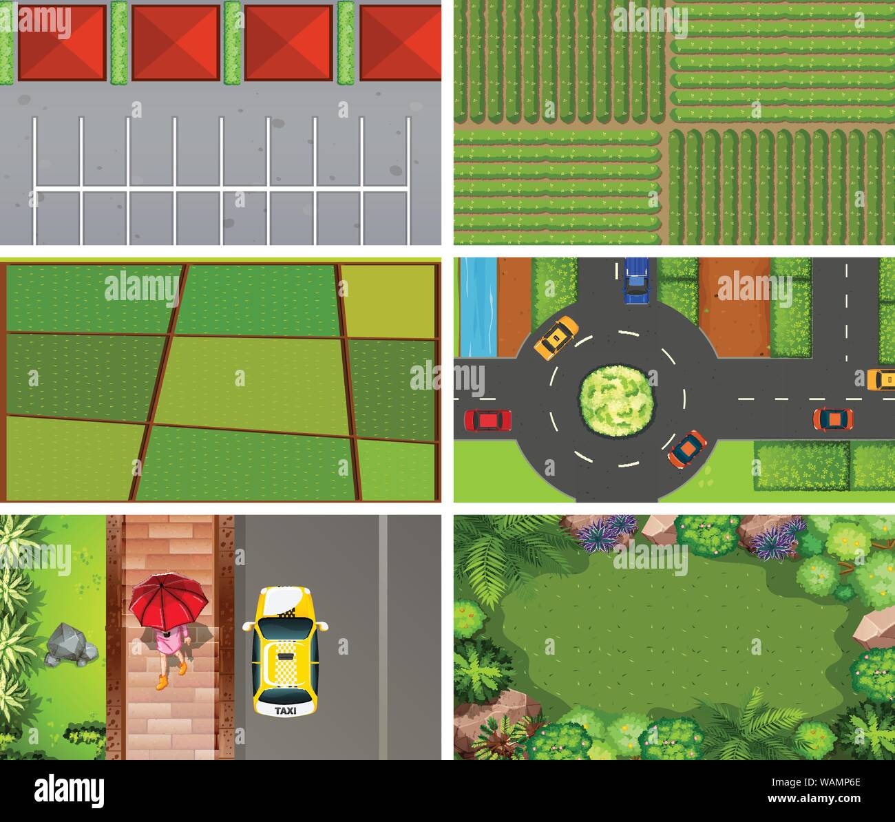 Set of top view aerial scenes in nature and outdoors illustration Stock ...