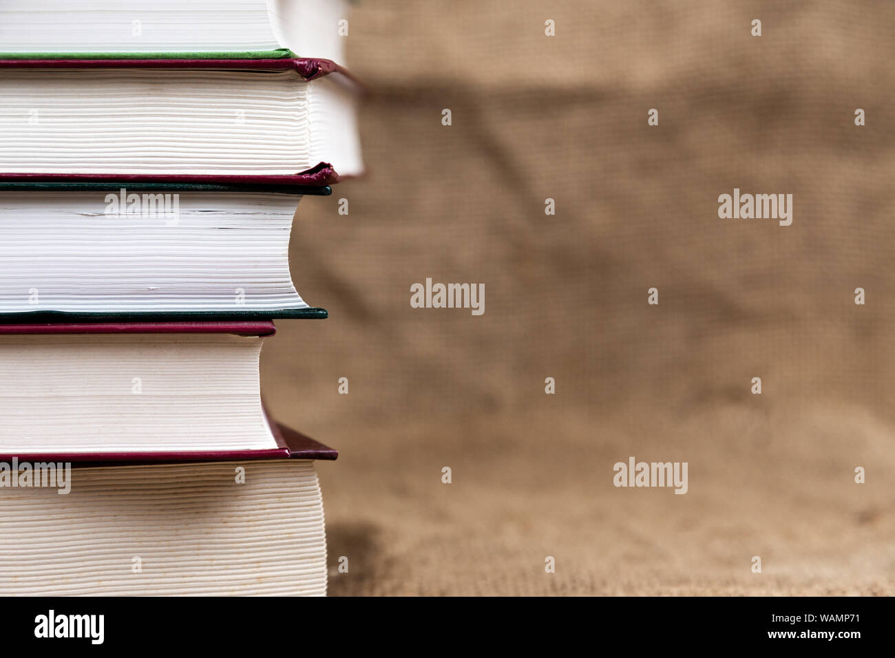 A stack or bound of old books lies on a burlap texture with place for ...
