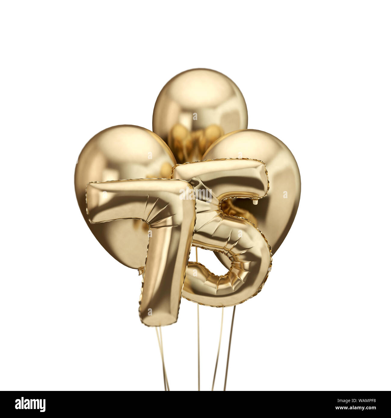 75th birthday gold foil bunch of balloons. Happy birthday. 3D Rendering ...