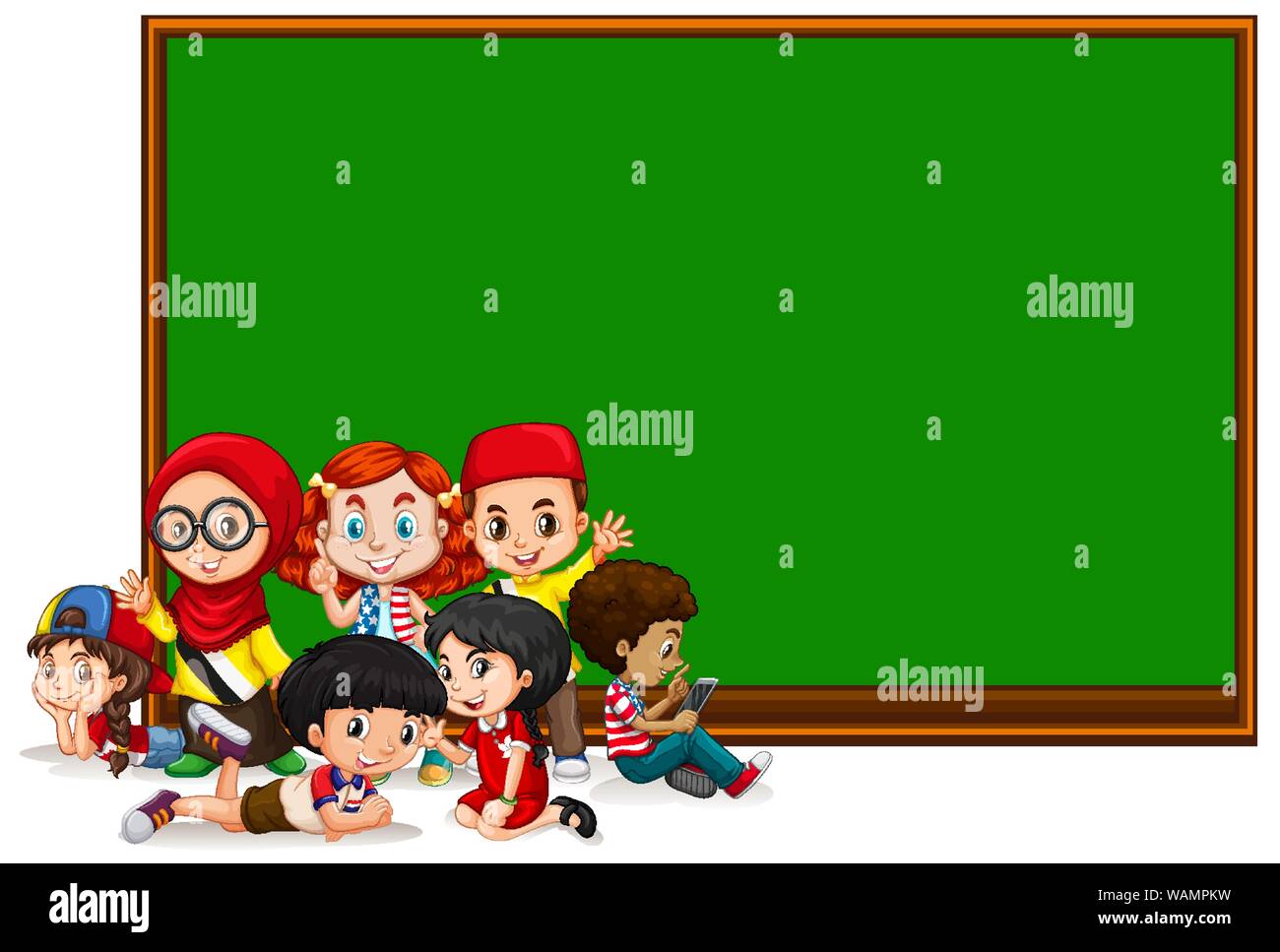 Blank sign template with kids and green board illustration Stock Vector ...