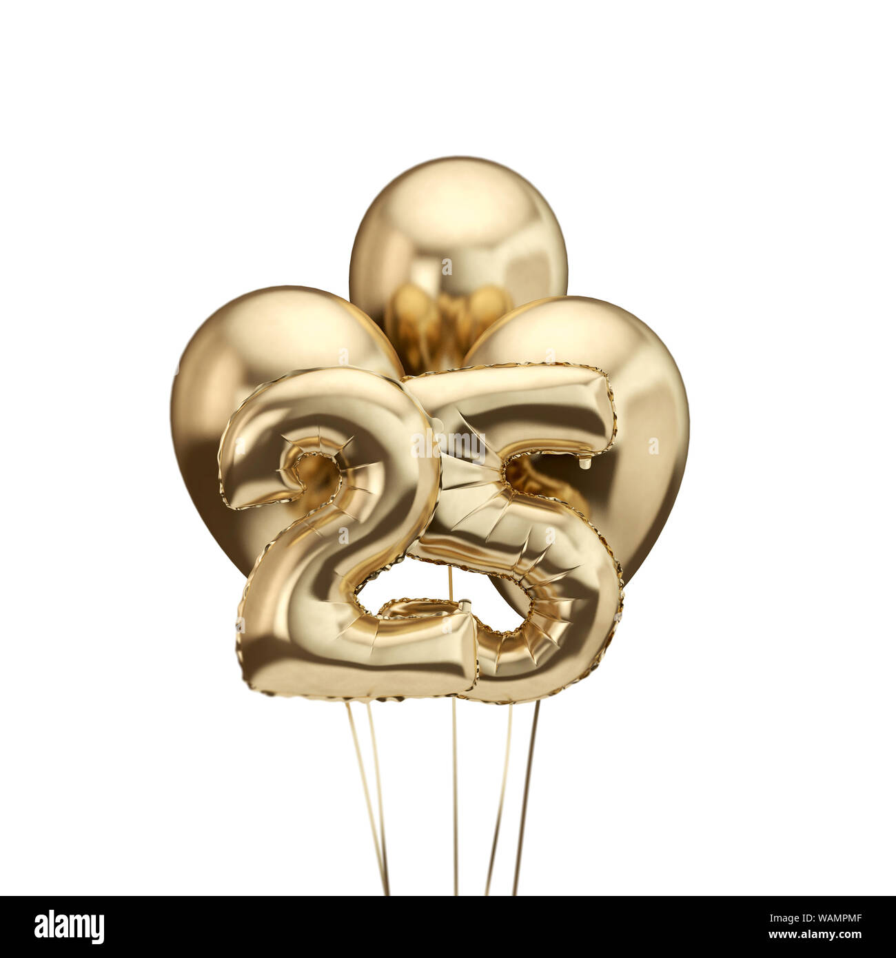 25th birthday gold foil bunch of balloons. Happy birthday. 3D Rendering ...