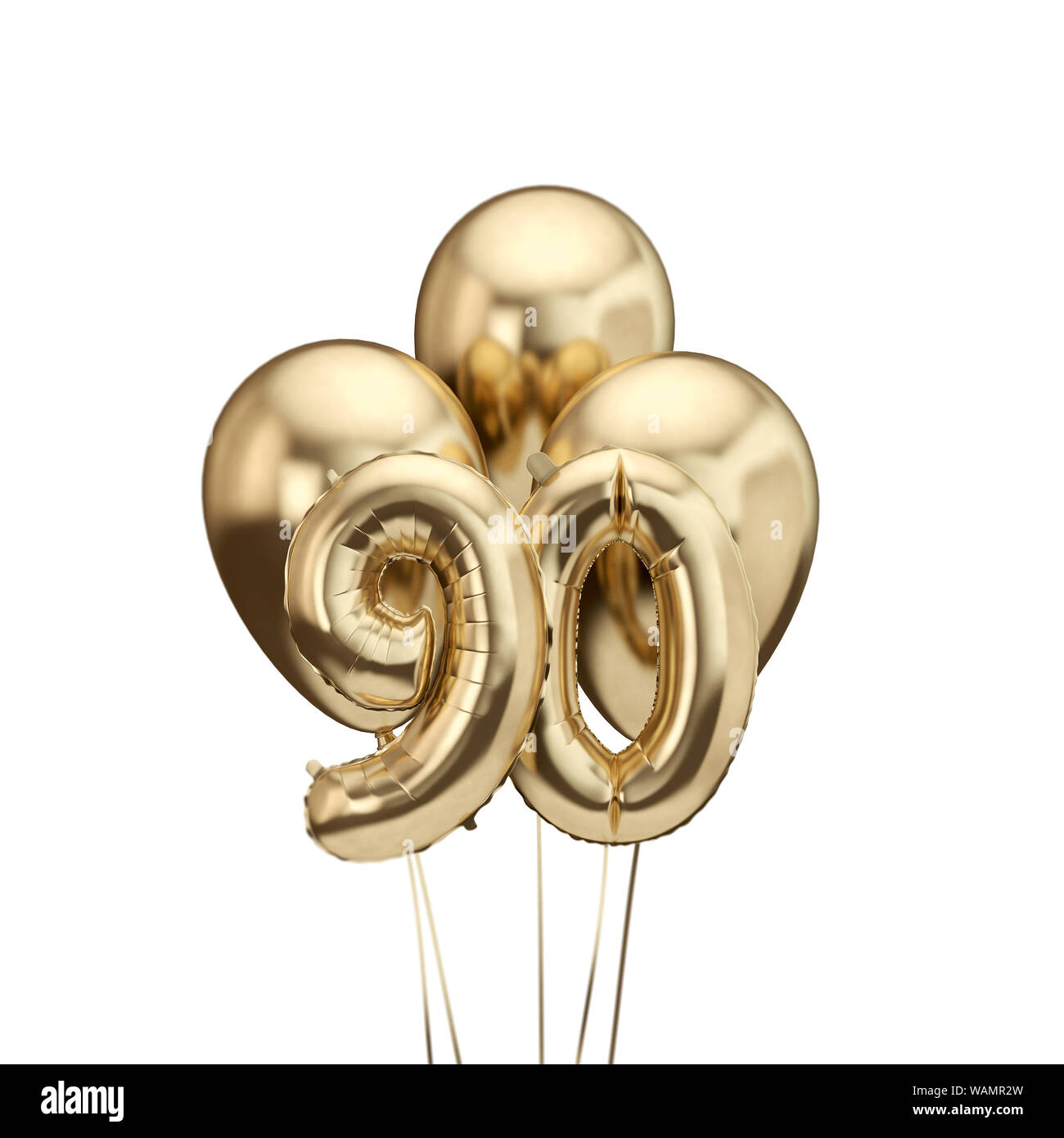 90th birthday gold foil bunch of balloons. Happy birthday. 3D Rendering ...