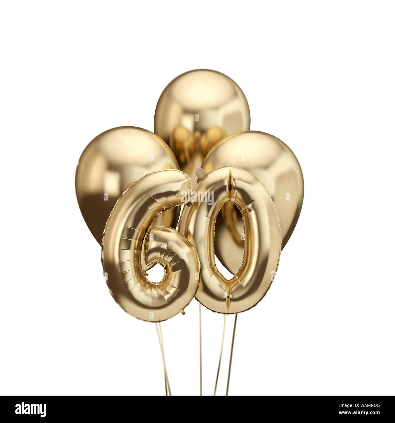 60th birthday gold foil bunch of balloons. Happy birthday. 3D Rendering ...