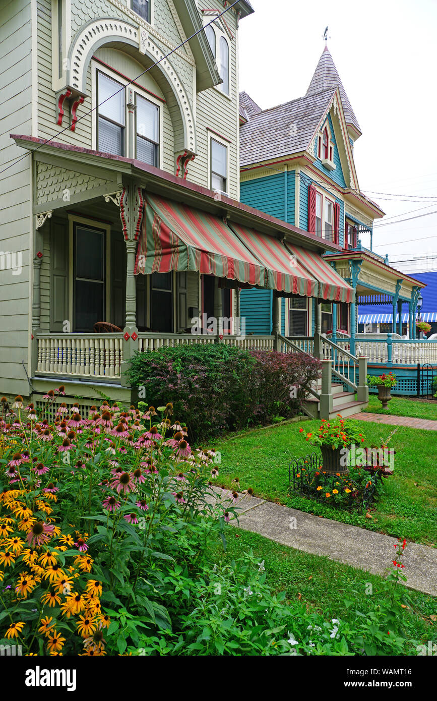 CAPE MAY, NJ -14 AUG 2019- View of colorful historic Victorian houses ...