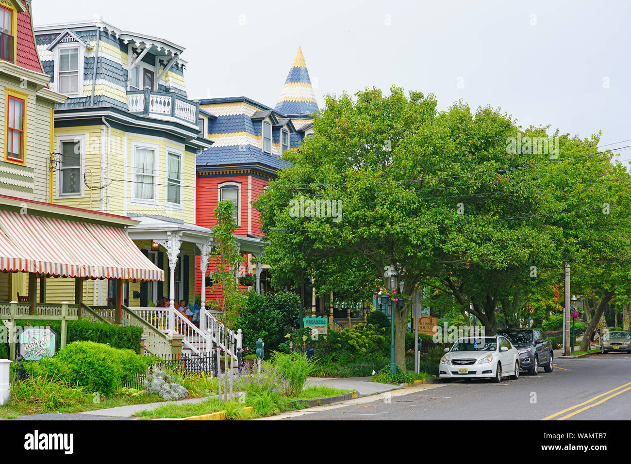 CAPE MAY, NJ -14 AUG 2019- View of colorful historic Victorian houses ...