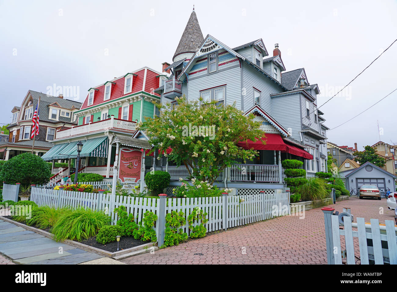 CAPE MAY, NJ -14 AUG 2019- View of colorful historic Victorian houses ...