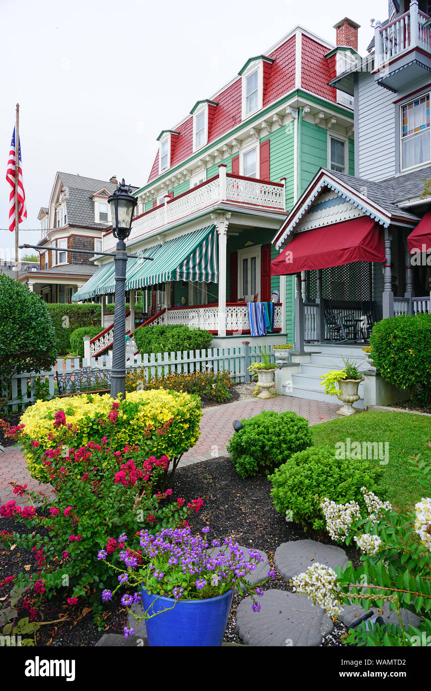CAPE MAY, NJ -14 AUG 2019- View of colorful historic Victorian houses ...