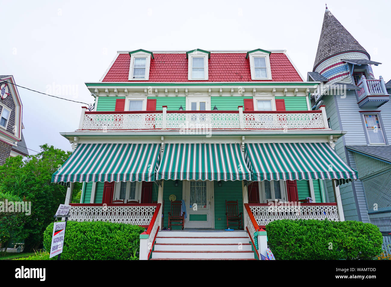 CAPE MAY, NJ -14 AUG 2019- View of colorful historic Victorian houses ...