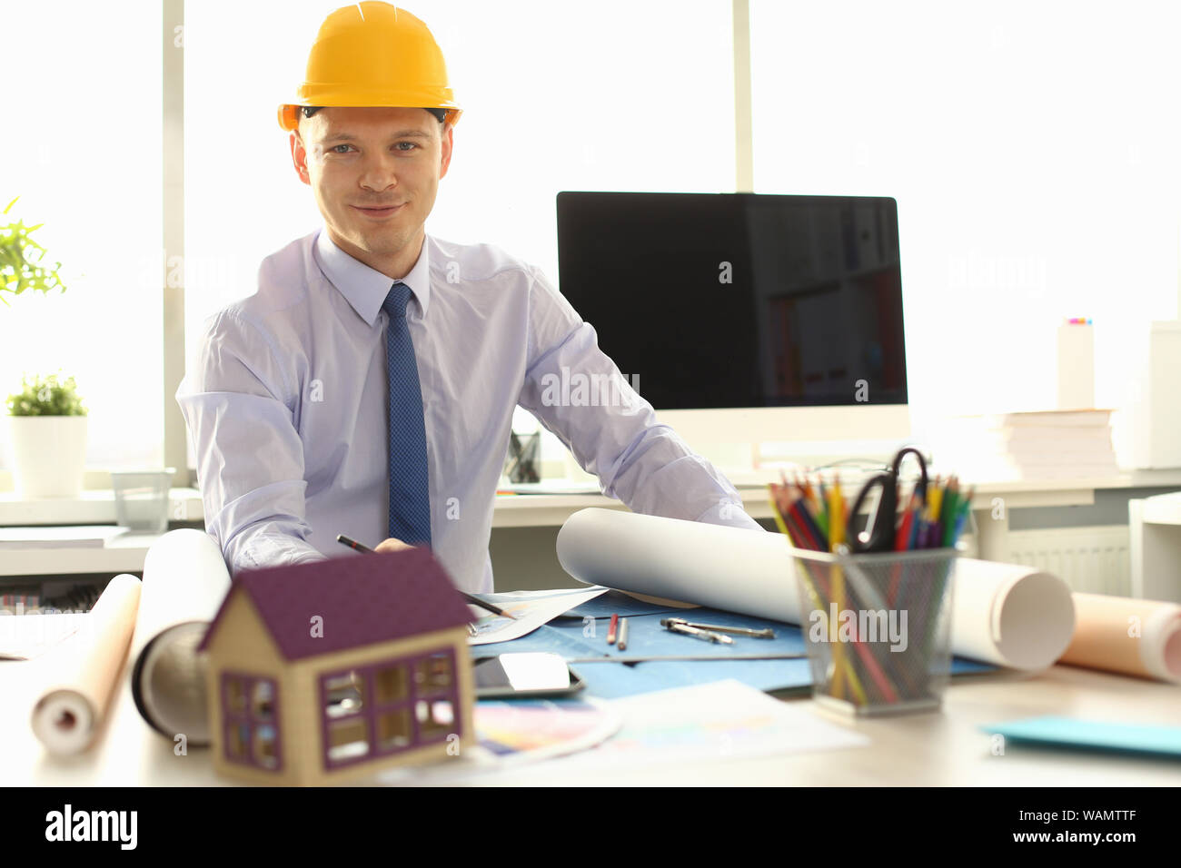 Happy Architect Designer Create Building Plan Stock Photo - Alamy