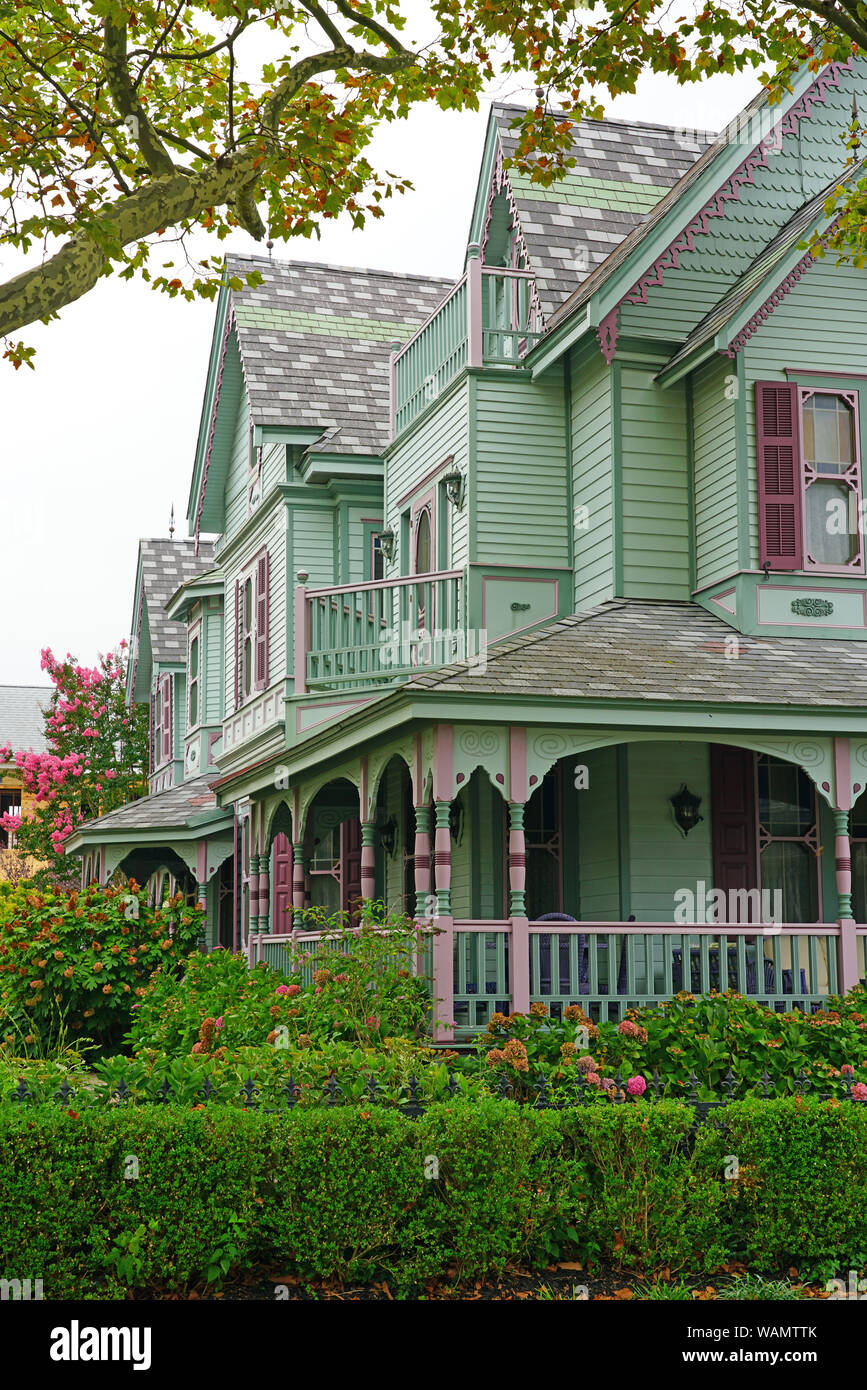 CAPE MAY, NJ -14 AUG 2019- View of colorful historic Victorian houses ...