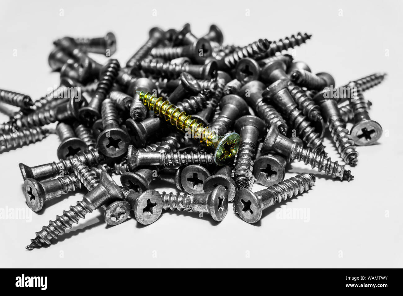 golden new modern twinfast screw on a pile of gray old used wood screws ...