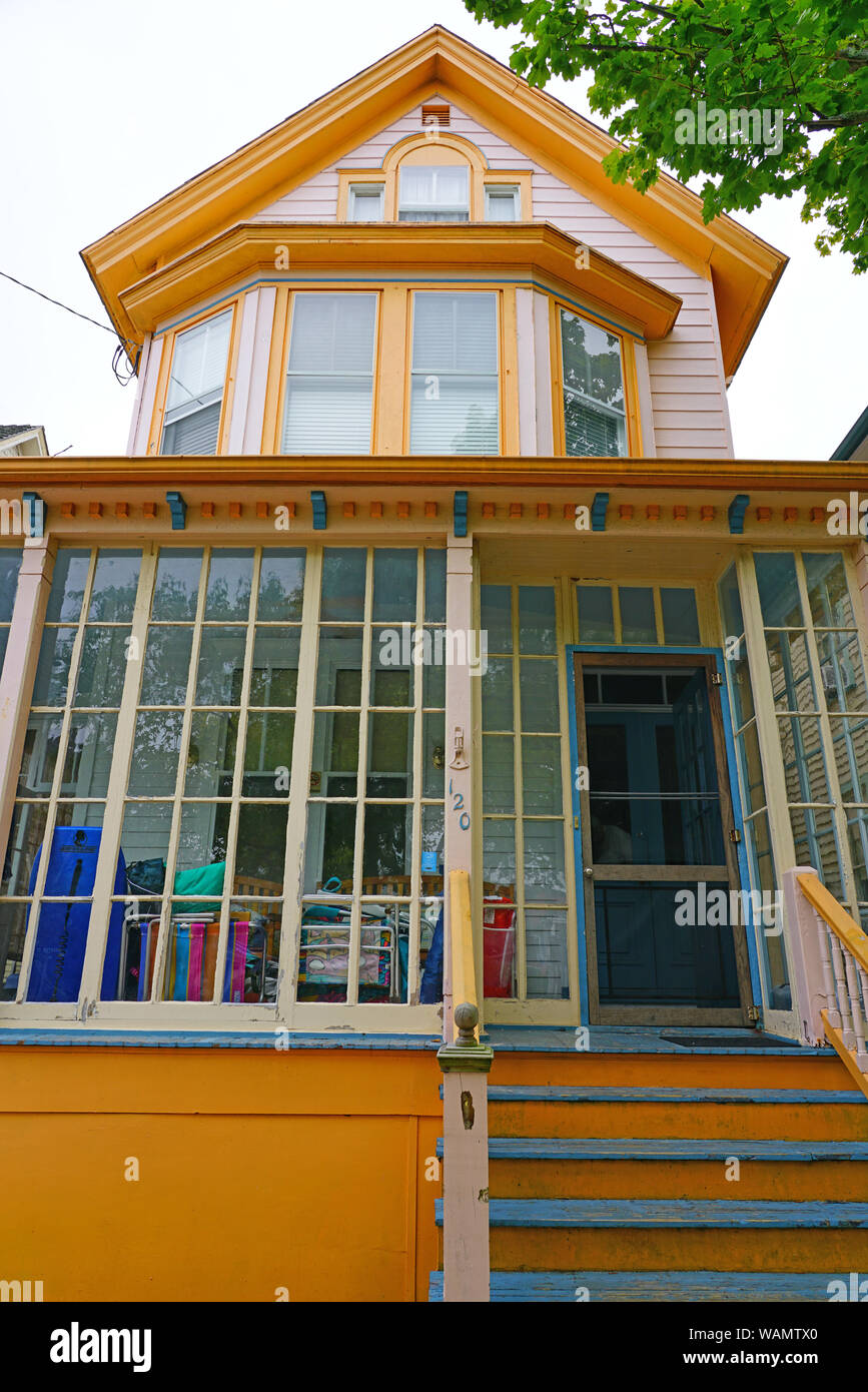 CAPE MAY, NJ -14 AUG 2019- View of colorful historic Victorian houses ...