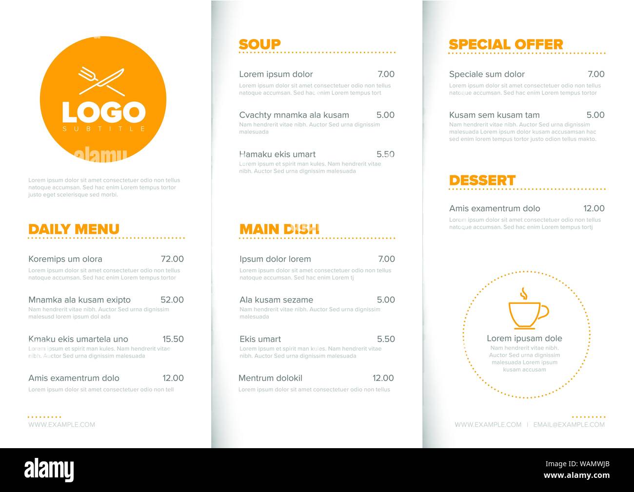 Modern light minimalistic restaurant menu template with three columns ...