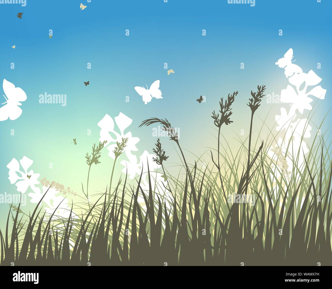 Fall (Autumn) Meadow Background With Flying Butterflies. Vector ...