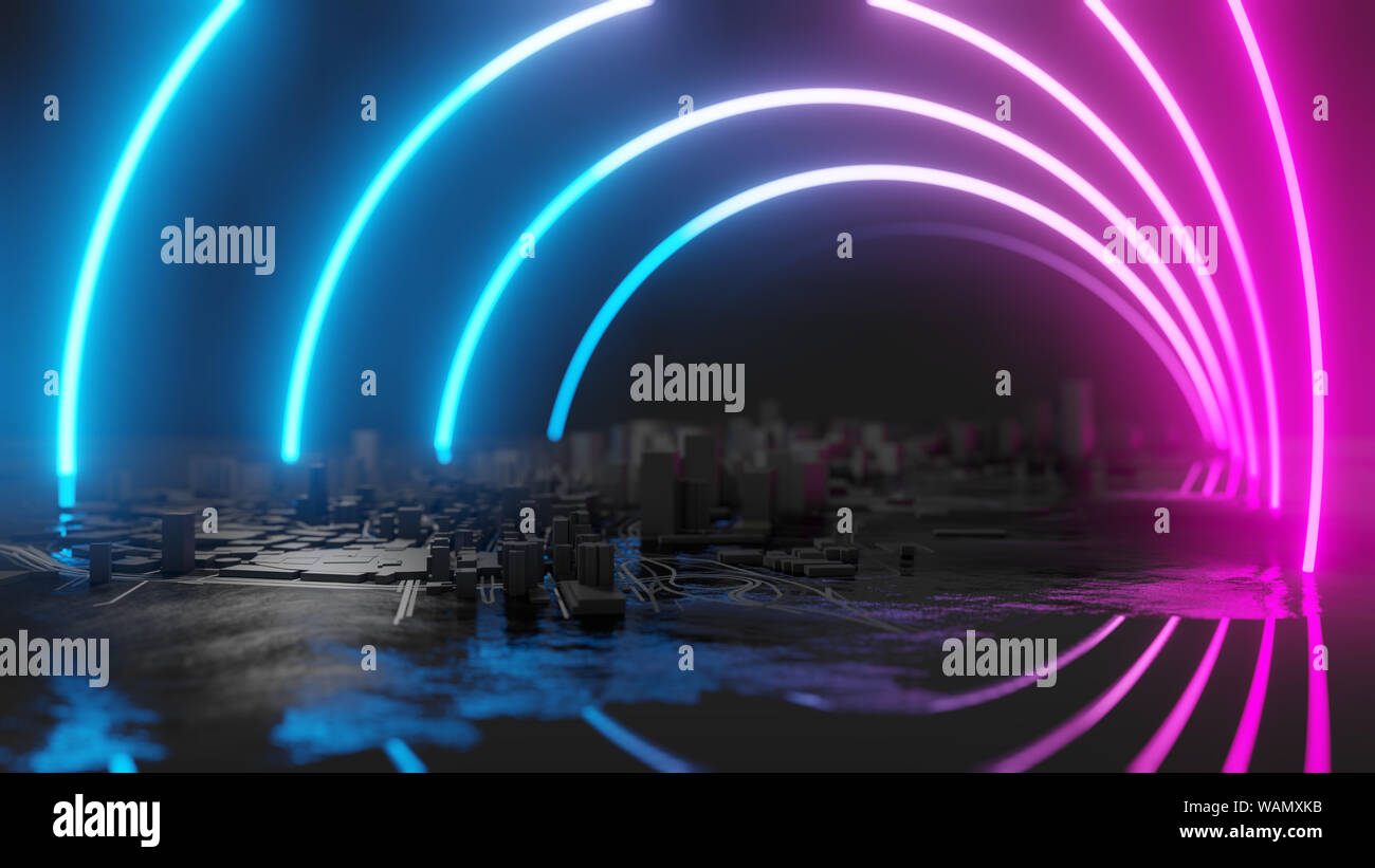 Futuristic night city. Cityscape with bright and glowing neon purple ...