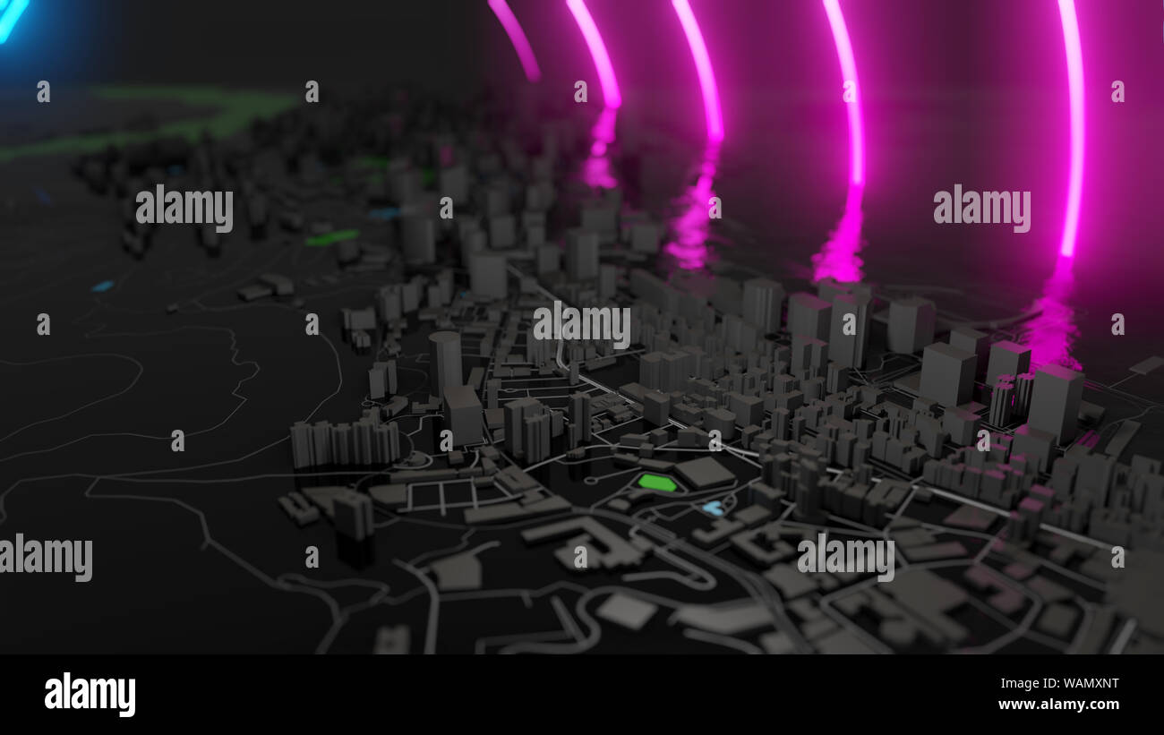 Futuristic night city. Cityscape with bright and glowing neon purple ...