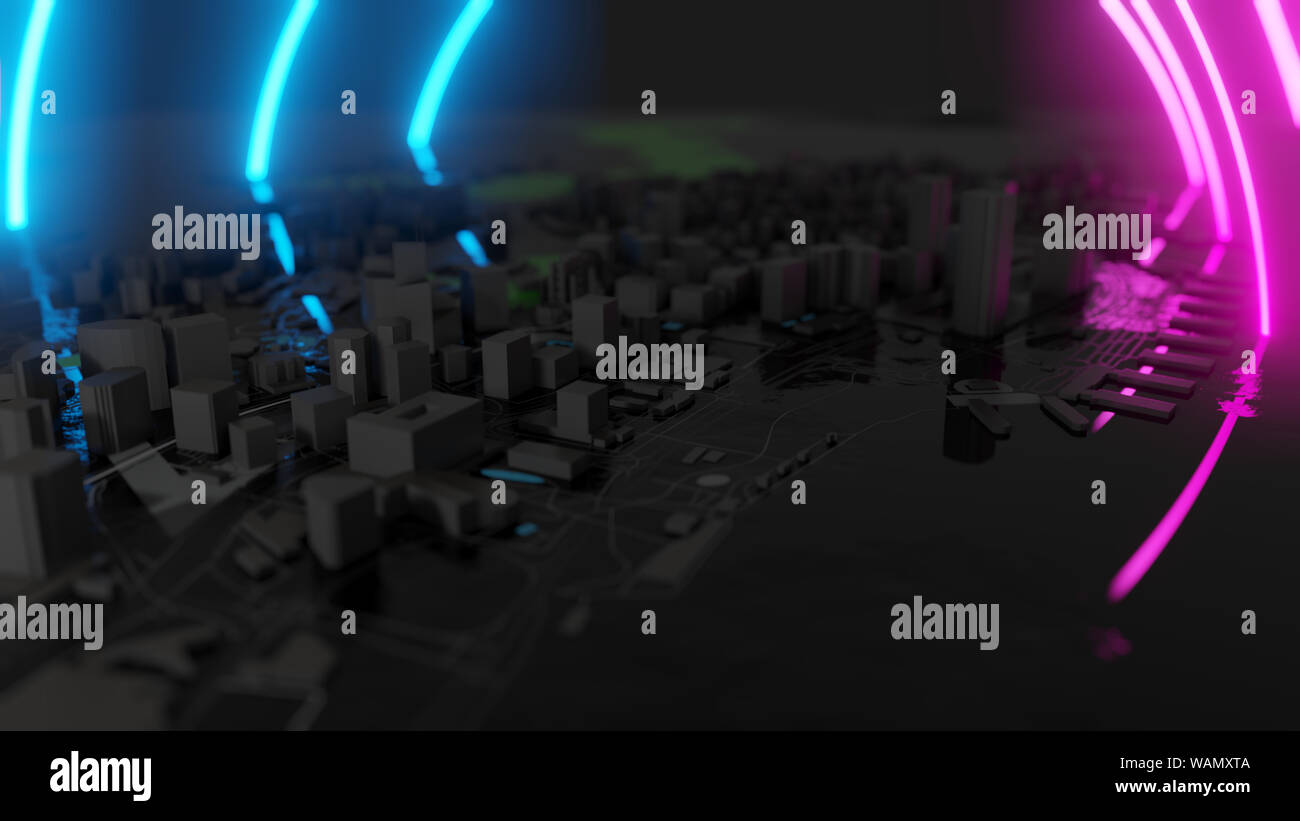 Futuristic night city. Cityscape with bright and glowing neon purple ...