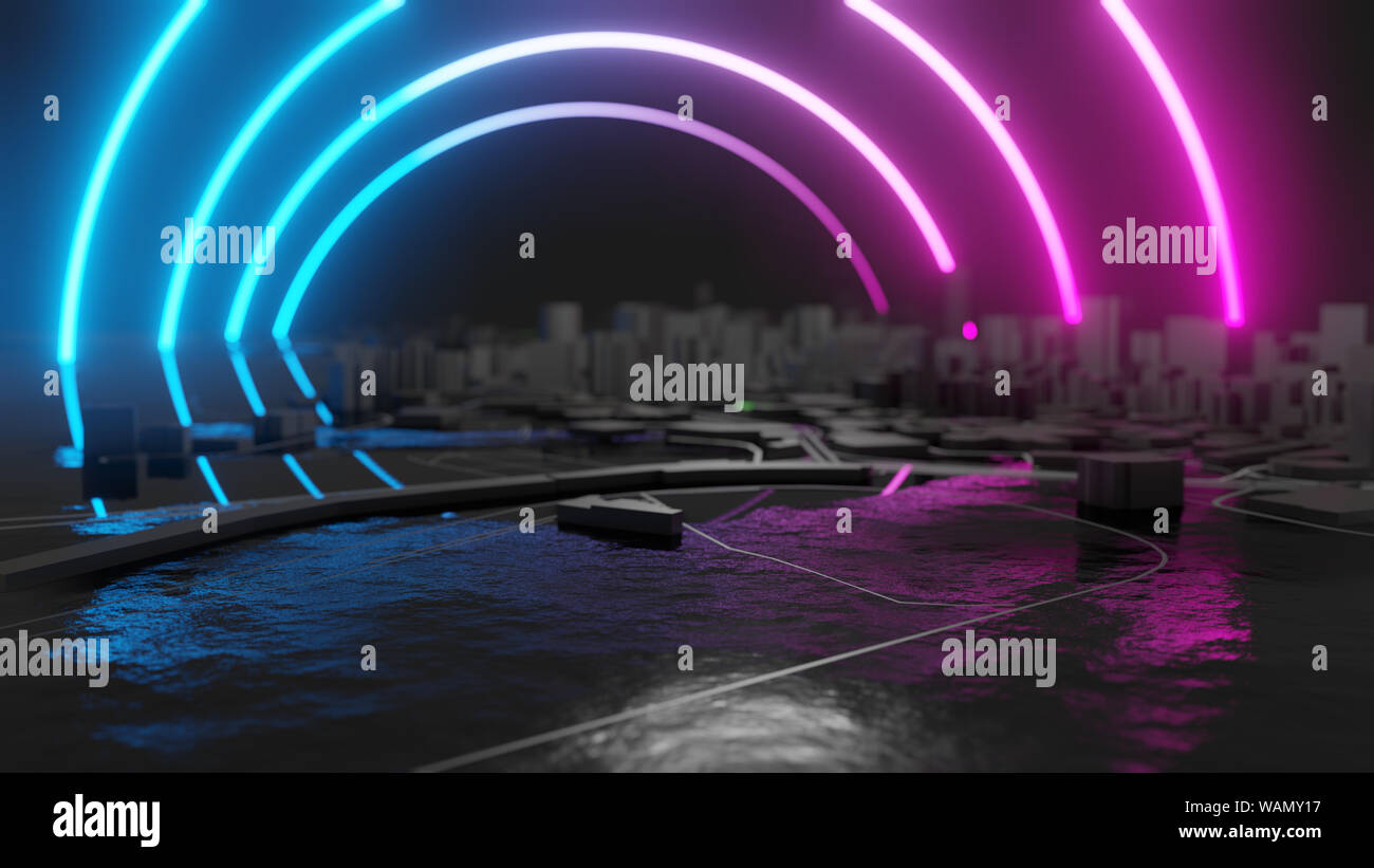 Futuristic night city. Cityscape with bright and glowing neon purple ...