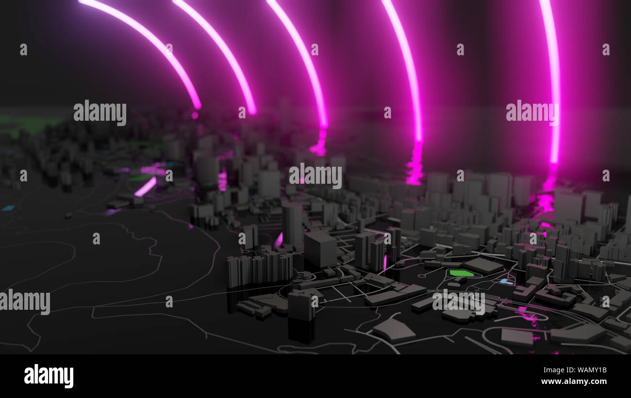 Futuristic night city. Cityscape with bright and glowing neon purple ...