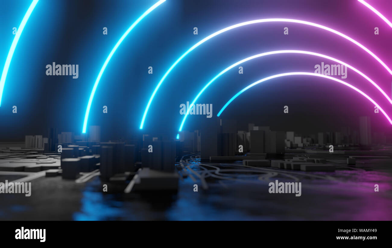 Futuristic night city. Cityscape with bright and glowing neon purple ...