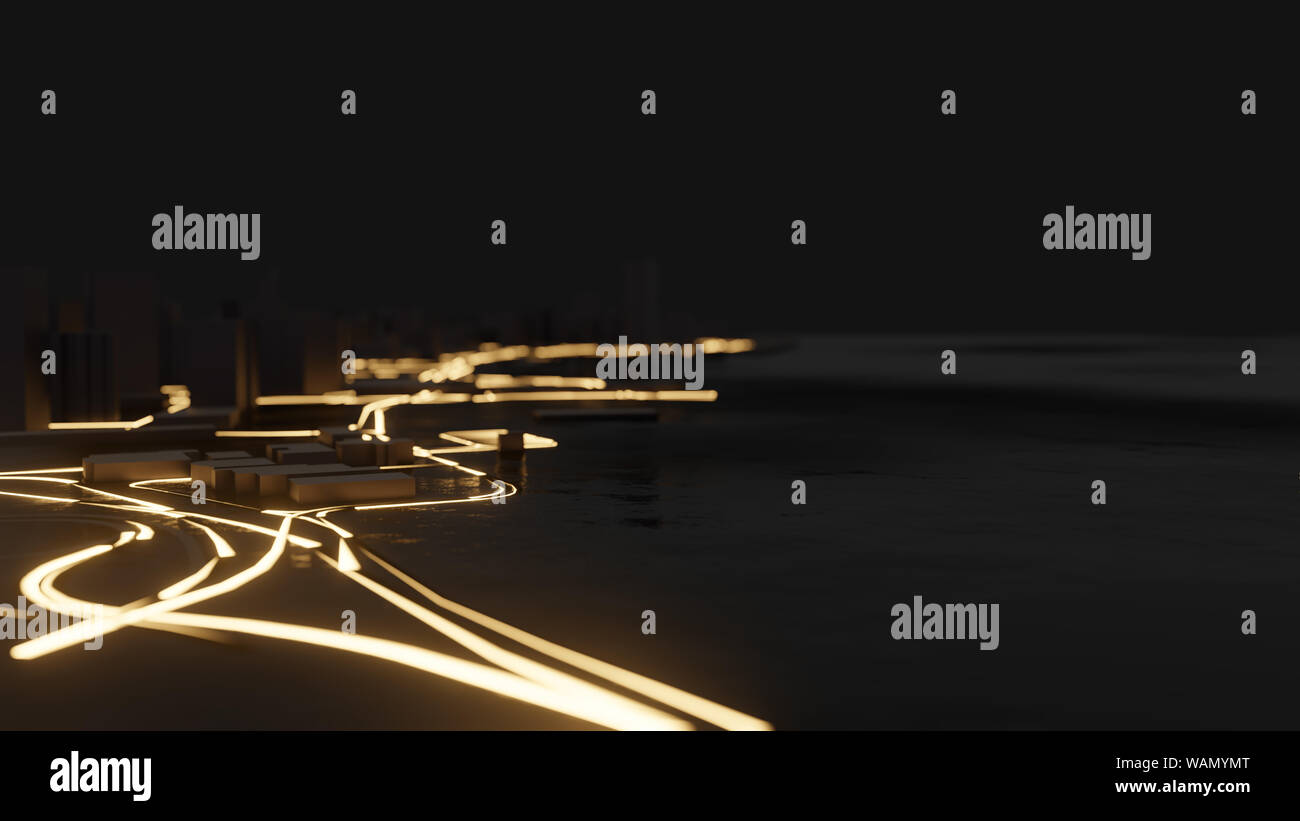 Modern city traffic road at night. Cyberpunk style 3D illustration ...