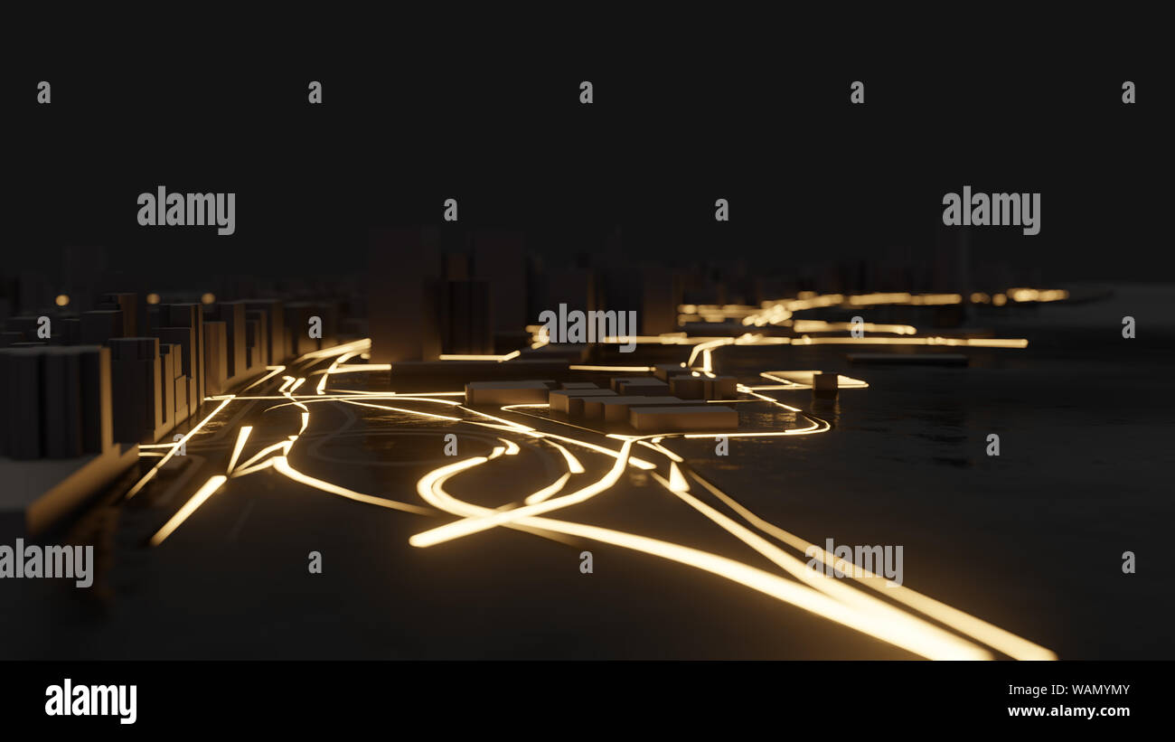 Modern city traffic road at night. Cyberpunk style 3D illustration ...