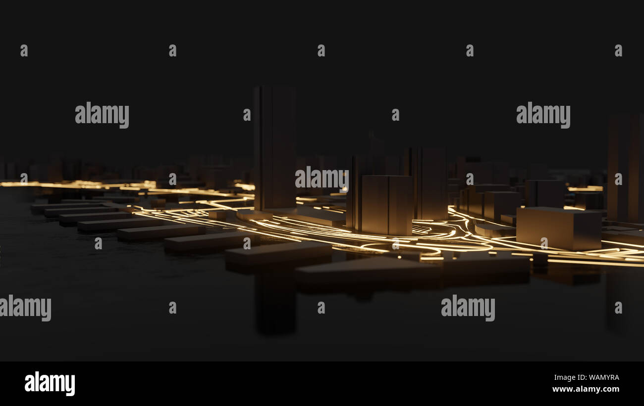 Modern city traffic road at night. Cyberpunk style 3D illustration ...