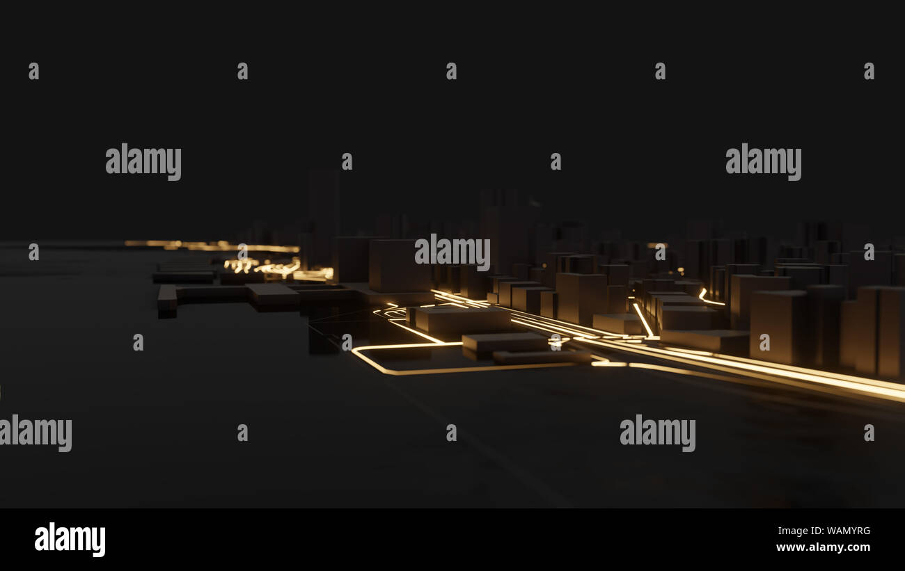 Modern city traffic road at night. Cyberpunk style 3D illustration ...